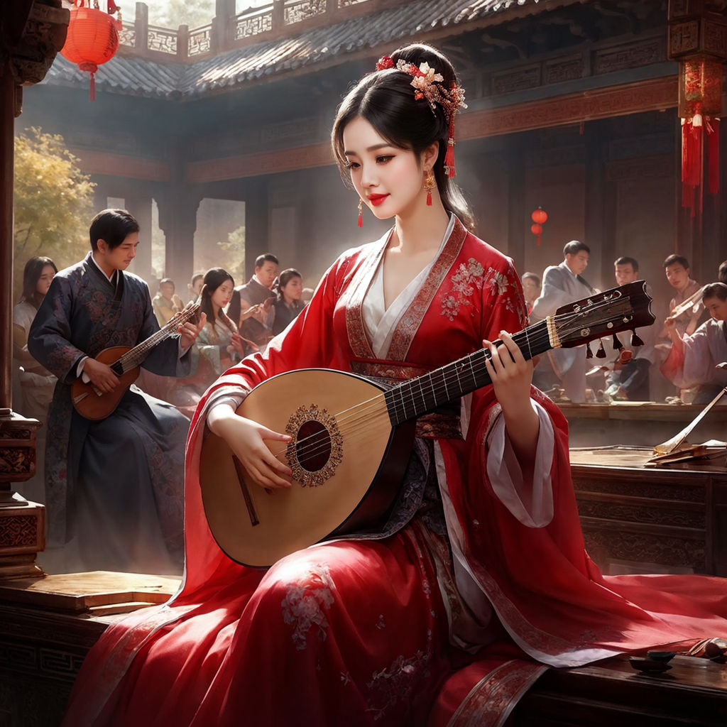 A young beautiful woman playing lute happily by Naveen Sanjaya - Playground