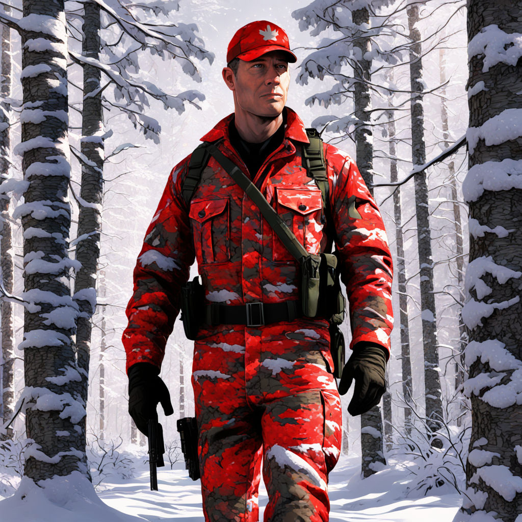 A Canadian Ranger in red digital camouflage uniform standing... by ...