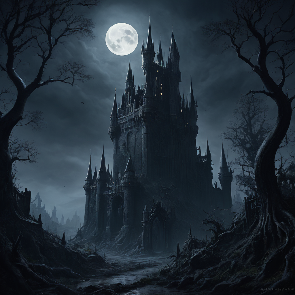 A desolate castle consumed by shadows in a twisted forest by Michael ...