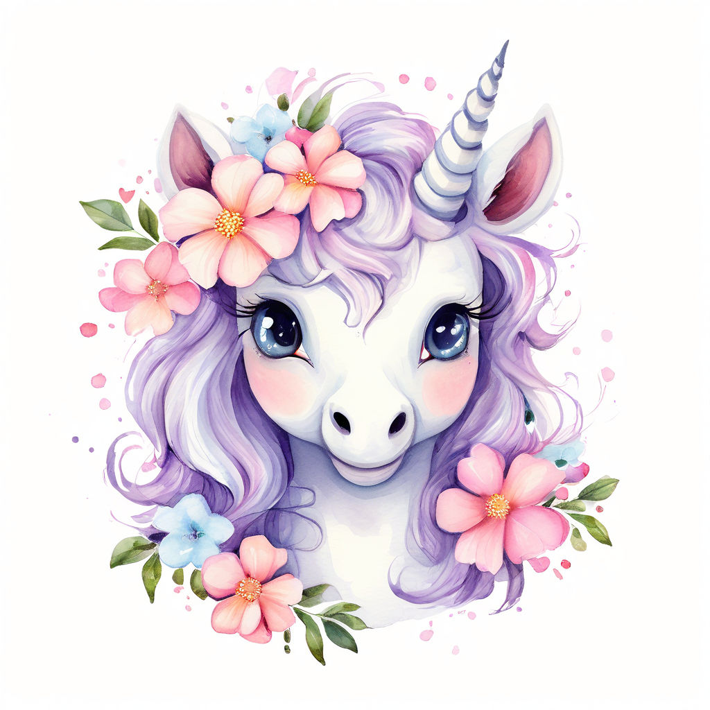 Cute cartoon unicorn's face designed with flower on white ba... by ...