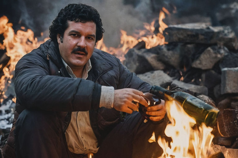 Pablo Escobar burning huge piles of cash in winter holding a... by C I ...