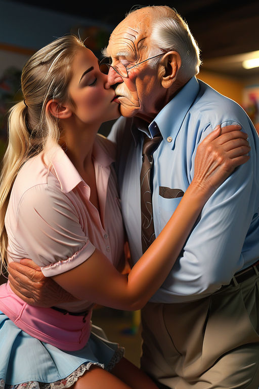 A 98 yo elderly grandpa embracing closely and kissing with t... by Erik King - Playground