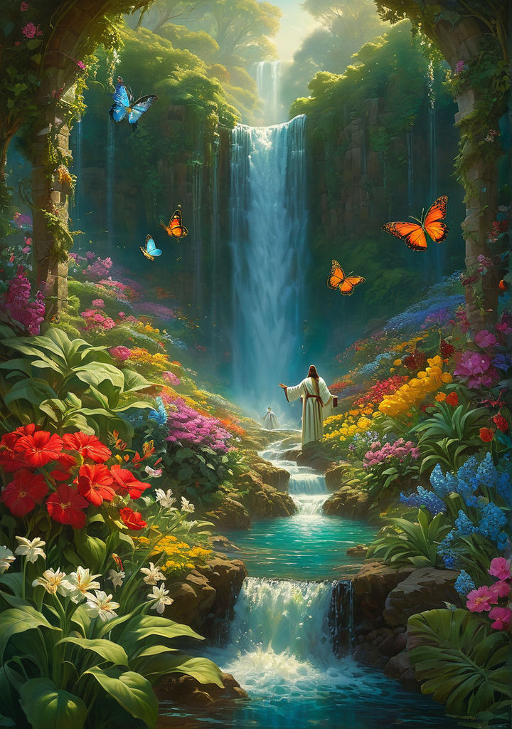 Jesus Christ meanders through a vibrant flower garden by Laura Uemura ...