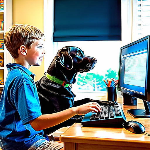 A black Labrador retriever using a desktop computer while a ... by ...