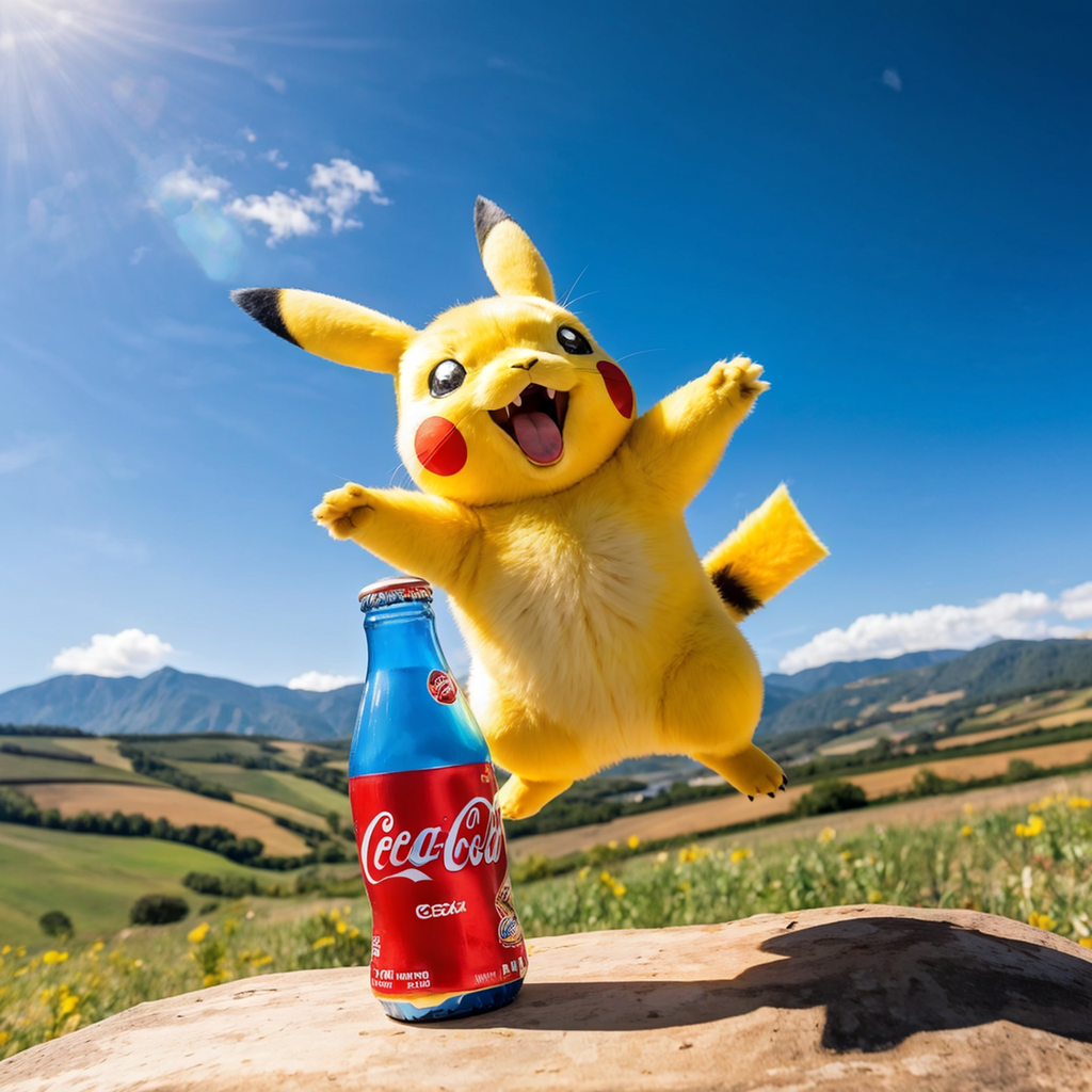Pikachu cheerfully emerging from a bottle of Pepsi replaced ... by Coke ...