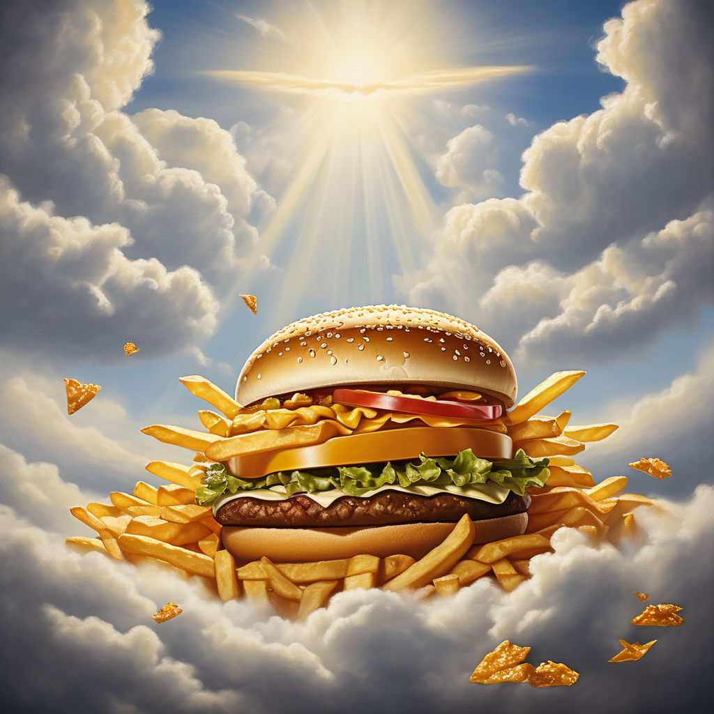 Cheeseburger eating fries in heaven by Charlie Byrne - Playground