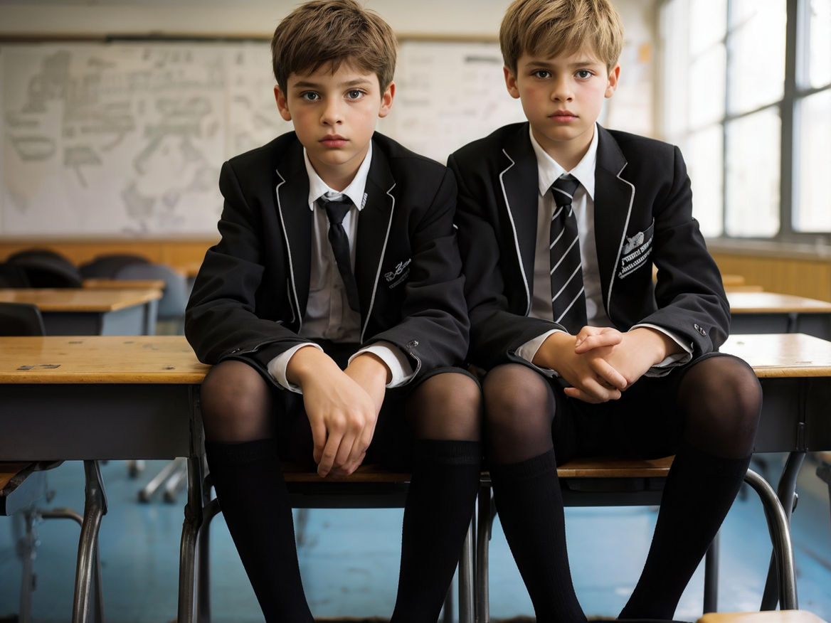 12 year old boys wearing black pantyhose in a classroom. Bla... by Dale ...