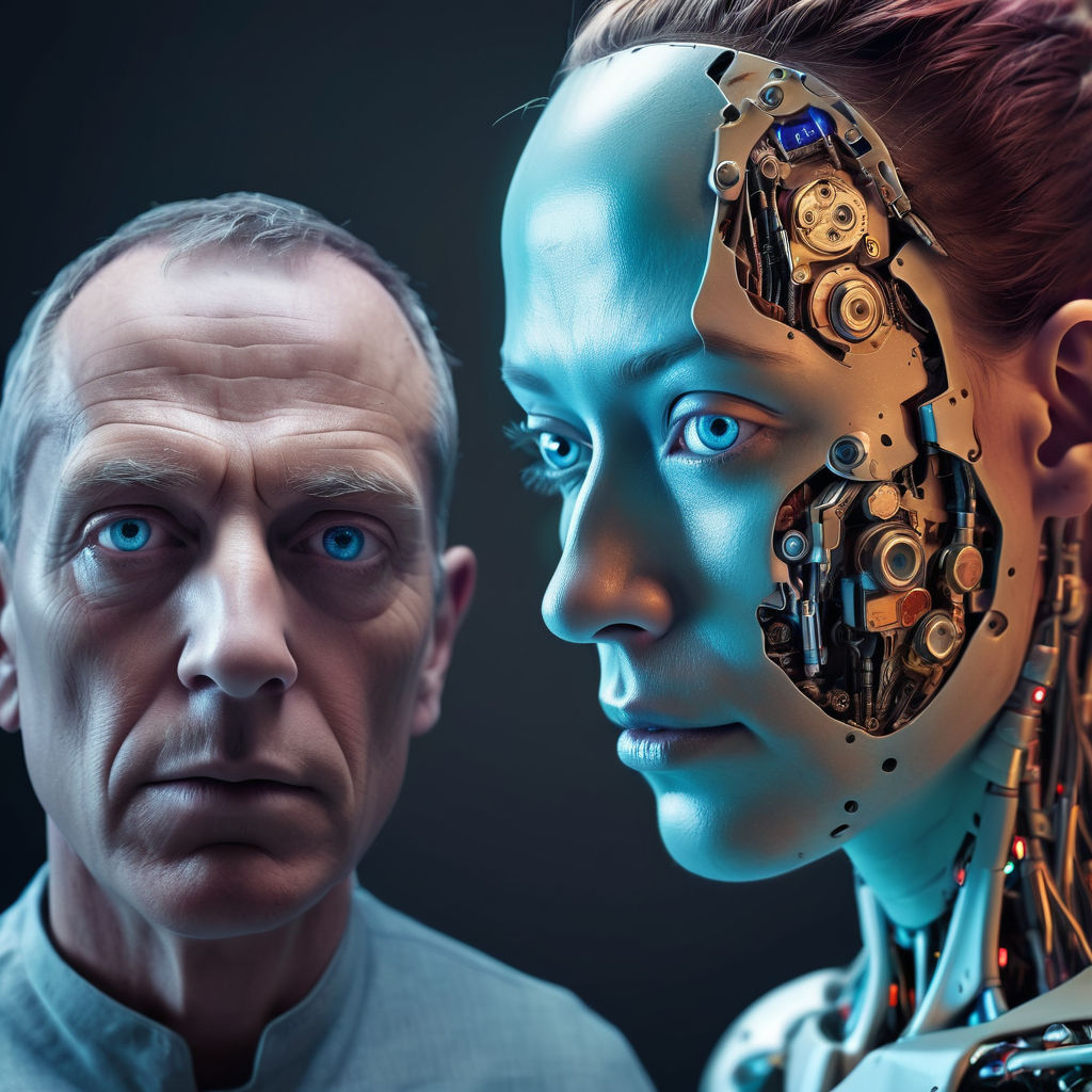 A half-hidden cyborg observing a human family member by valter ...