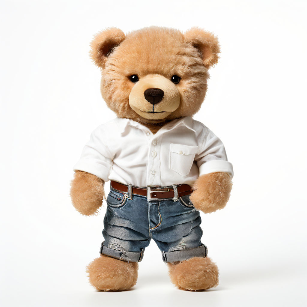 A teddy bear wearing a white shirt and jeans standing up wit... by ...