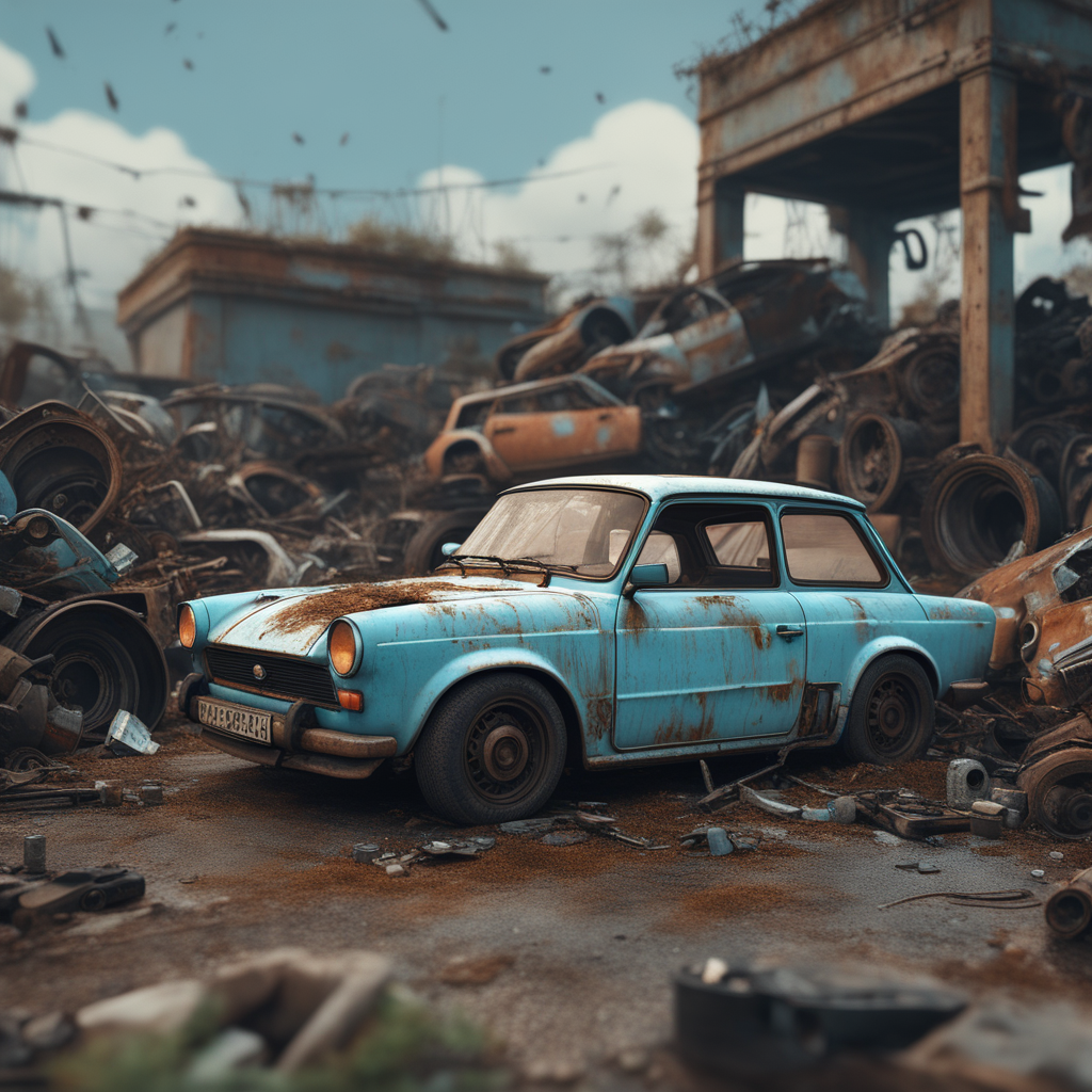 Rusty scrapped lightblue trabant Cyberpunk junkyard by Sven LISNOIR ...