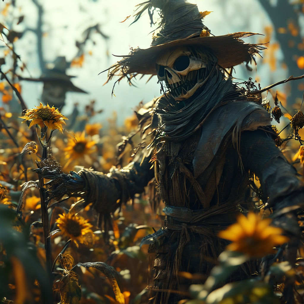 An animated scarecrow at the helm of an army of haunted plan... by ...