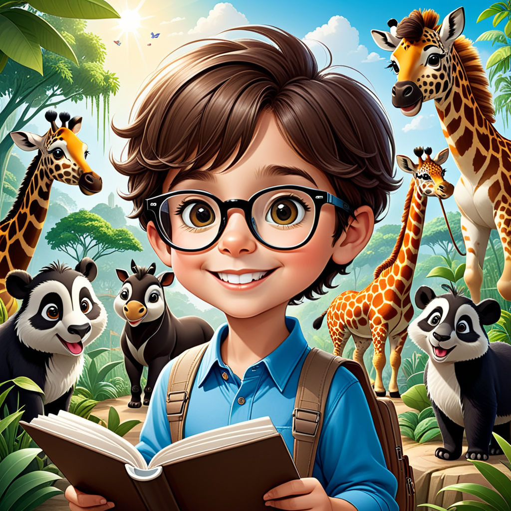 Produce a cute and whimsical cartoon caricature of a 7-year-... by ...