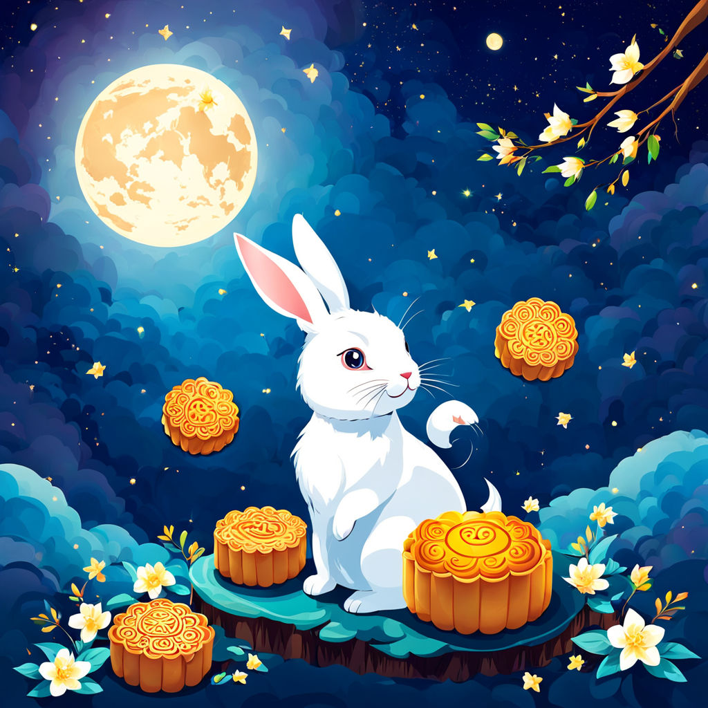 Mid-Autumn Festival greeting card stars rabbit full moon mo... by 林郁苓 - Playground