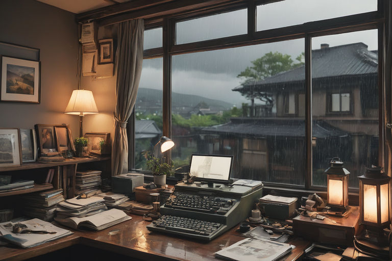 Extreme close-up of crowded and tidy desk under the panorami... by siit ...