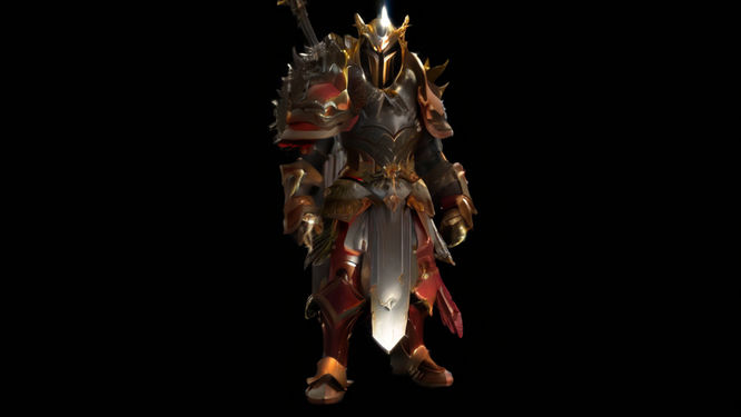 A fierce red and gold crusading knight stands tall in the ce... by ...