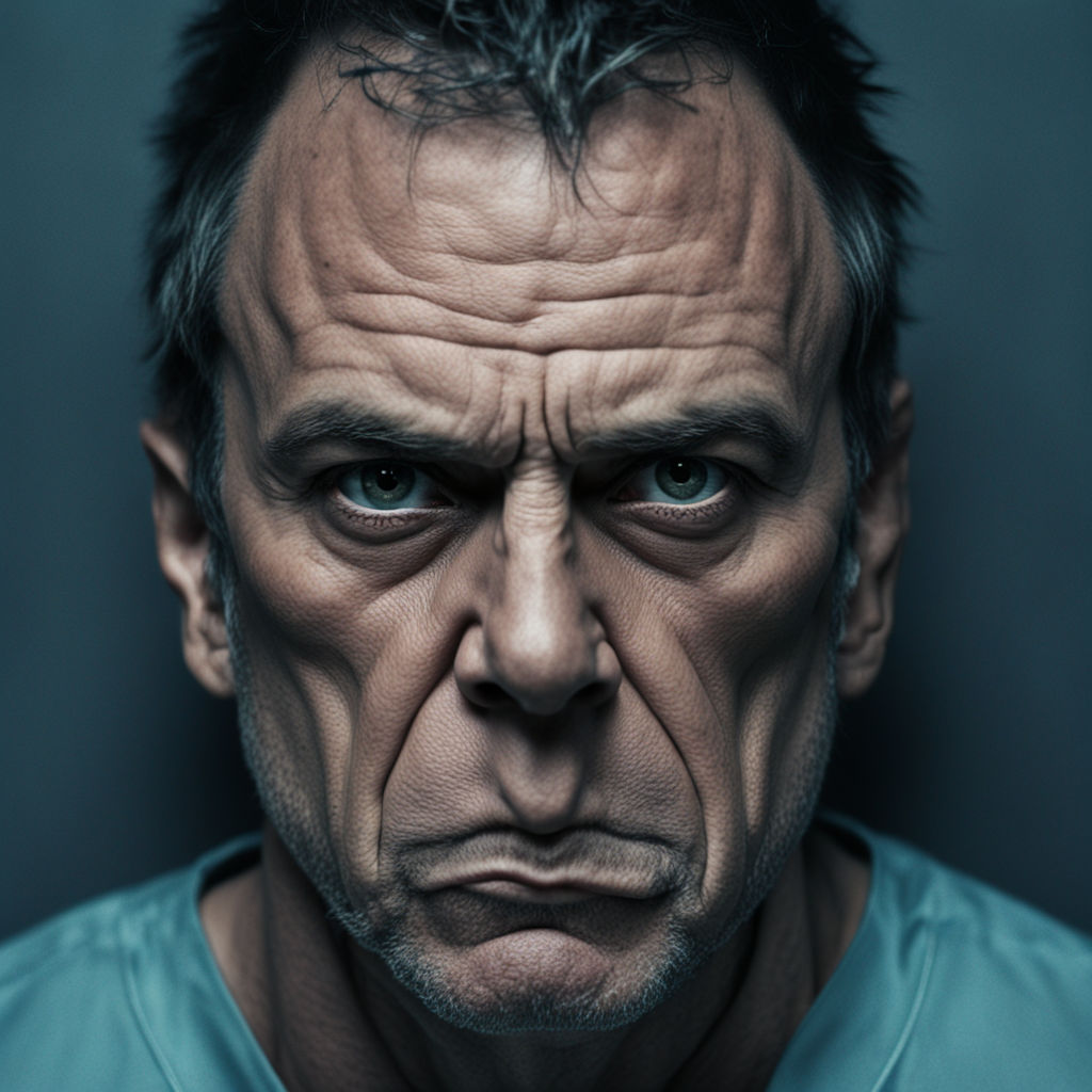 Close-up ID photo of a man giving a fierce look directly tow... by 이름 ...