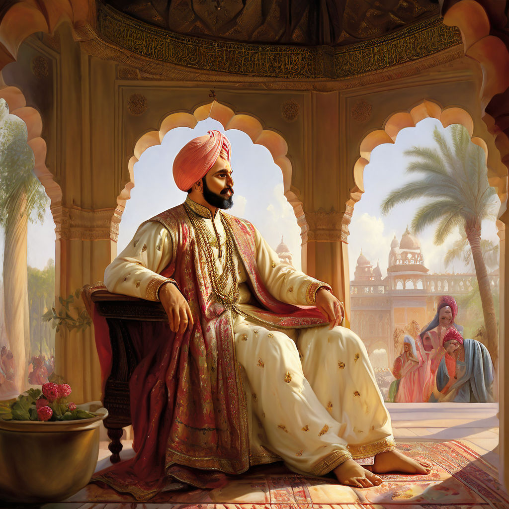 Mughal emperor Akbar seated on a grand throne under a canopy by tushar ...