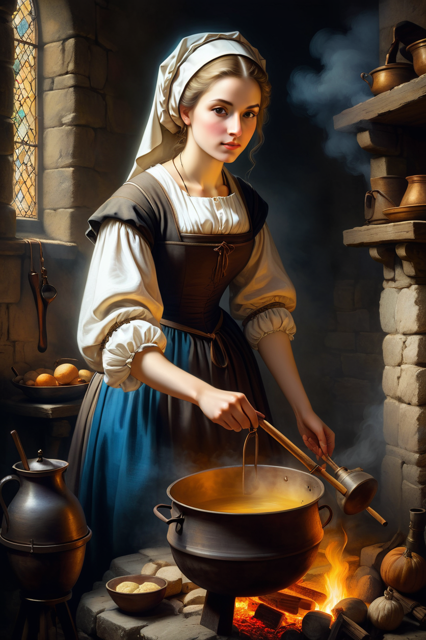 A medieval female cooking in a pot over a fire stirring a po... by Rico ...