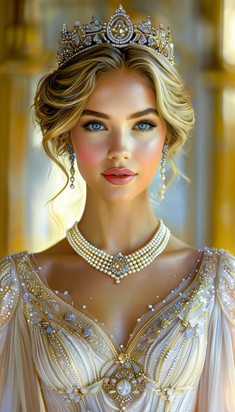 Close-up of a captivating princess in a gorgeous gown and pe... by ...