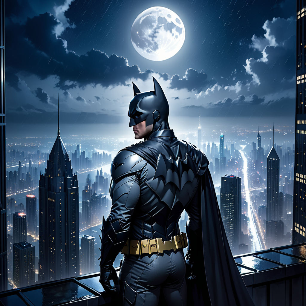 An anime style image of Batman looking over gotham city from... by ...