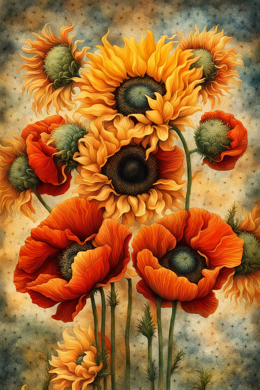 Bouquet of poppies and sunflower double exposure photographi... by ...