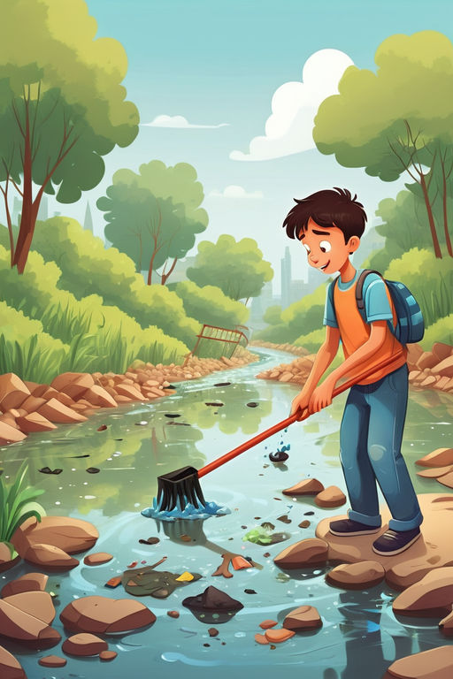 A boy cleaning polluted river by Rahul Pawar - Playground