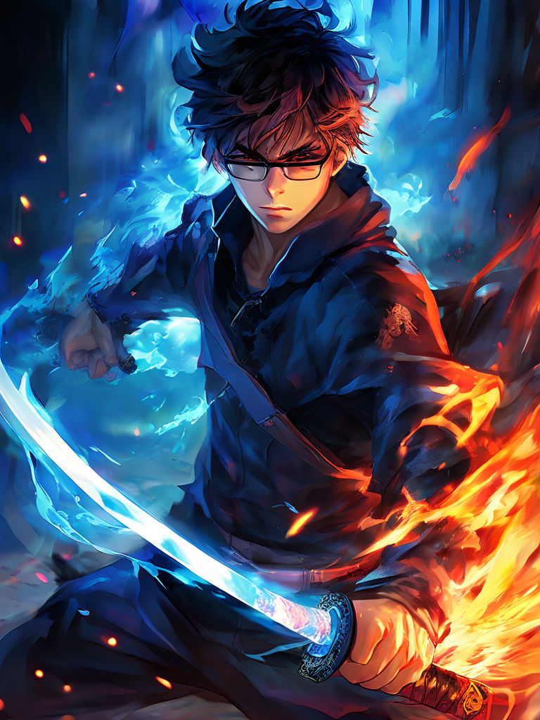 Anime-style depiction of a young character with glasses enga... by ...