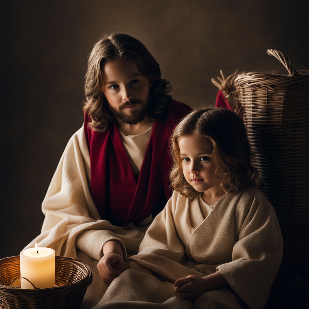 Make a cinematic image of Jesus Christ alongside two childre... by ...