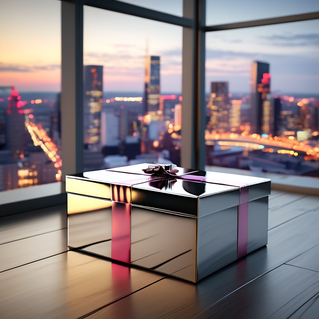 A modern gift box covered in sleek metallic silver wrapping by 메디숲 ...