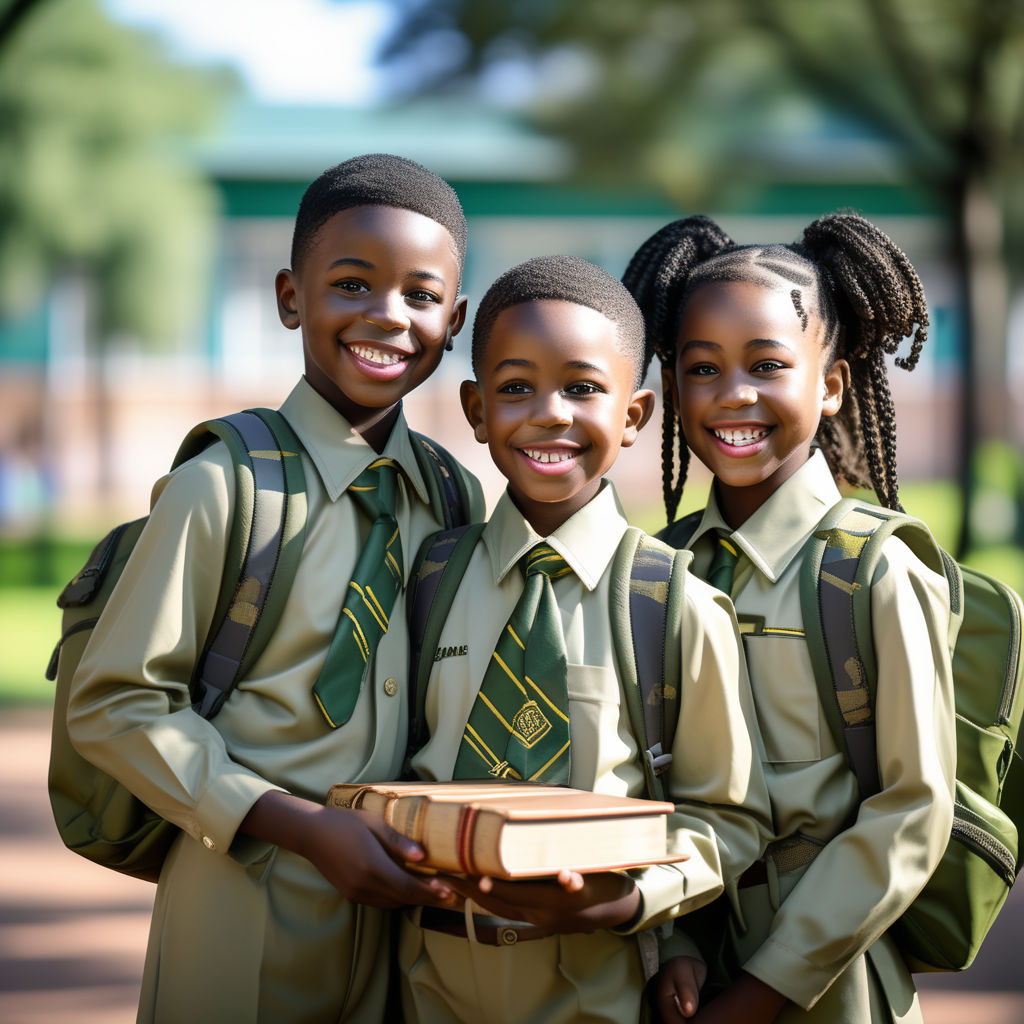 Three African schoolchildren clad in khaki uniforms stand sm... by ...