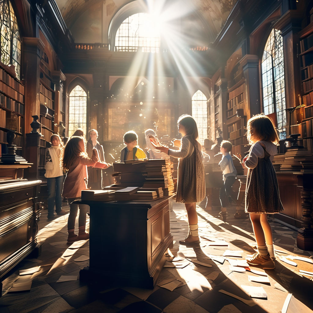 Children engaged in a treasure hunt in a cluttered vintage l... by ...