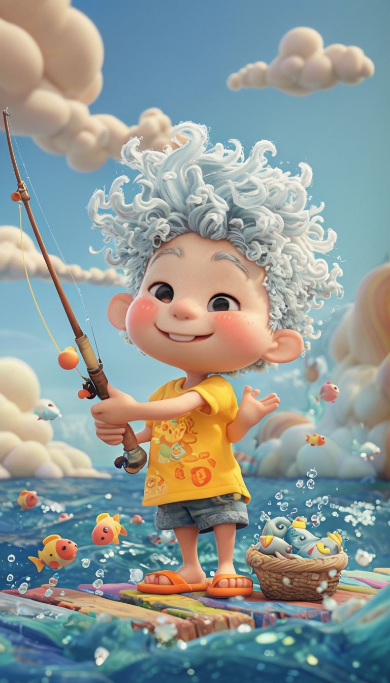 Cheerful Chibi Boy Fishing Joyfully On A Colorful Pier - Playground