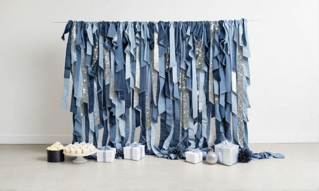 A party backdrop made of denim strips and silver glitter str... by mai ...