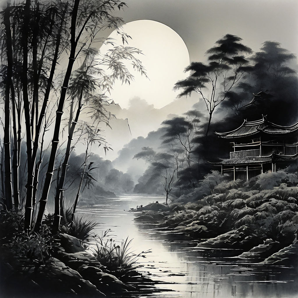 Traditional Chinese ink wash painting: A scene at deep night by Roger ...
