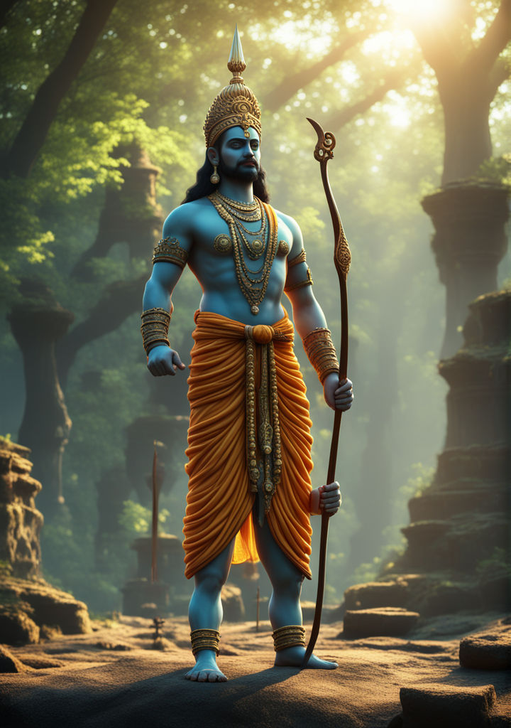 Lord Rama standing regally with a bow in the ancient city of... by ...