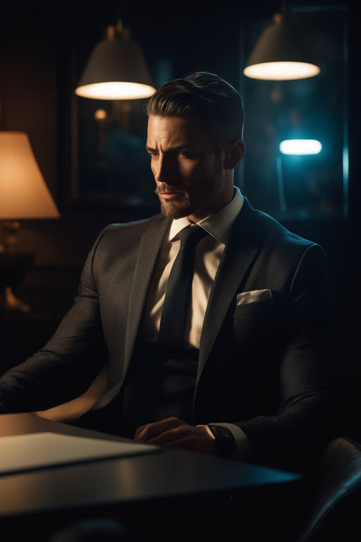 Handsome man in suit in darkened room by Mici Angels - Playground