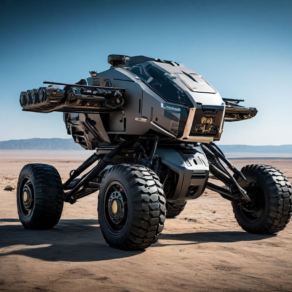 A hardened ground combat drone possesses four wheeled legs a... by ...