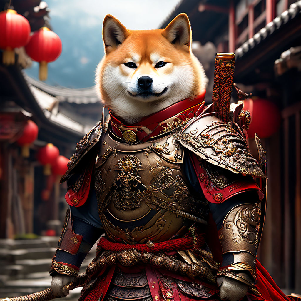 Adult shiba inu wearing red shogun armor by Rafael Braúna - Playground