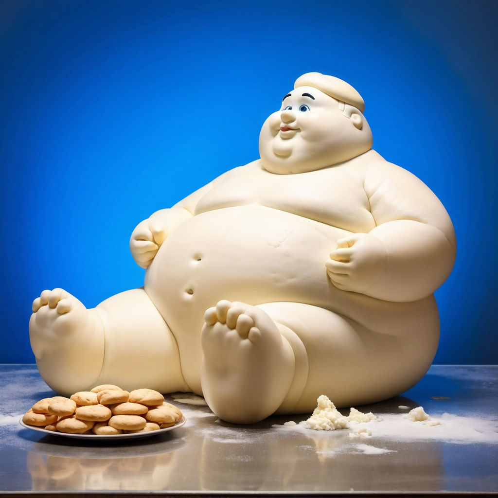 Extremely fat obese Pillsbury dough boy sitting down by Cubby L ...