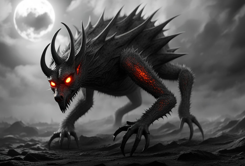 A creepy demonic beast runs on four clawed paws across the e... by Alex ...