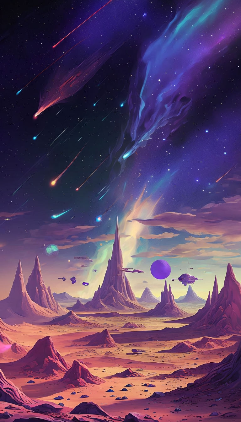 Imagine an alien desert with bizarre rock formations and sta... by ...