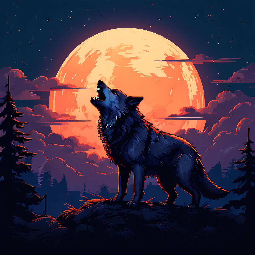 Create a pixel art-style image of a wolf howling at the full... by 강선아 ...