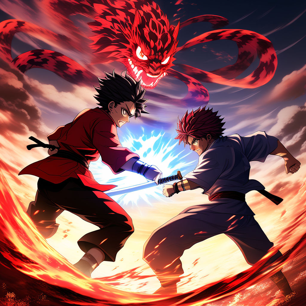 Tanjiro from "Demon Slayer" clashing with Baki Hanma against... by John ...
