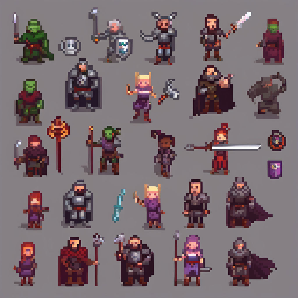 Pixel art of a diverse medieval cast featuring a knight clad... by ...