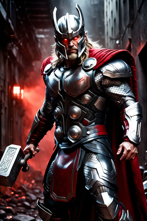 A hyper-realistic Half body shot of thor in exo-armor in a d... by ...