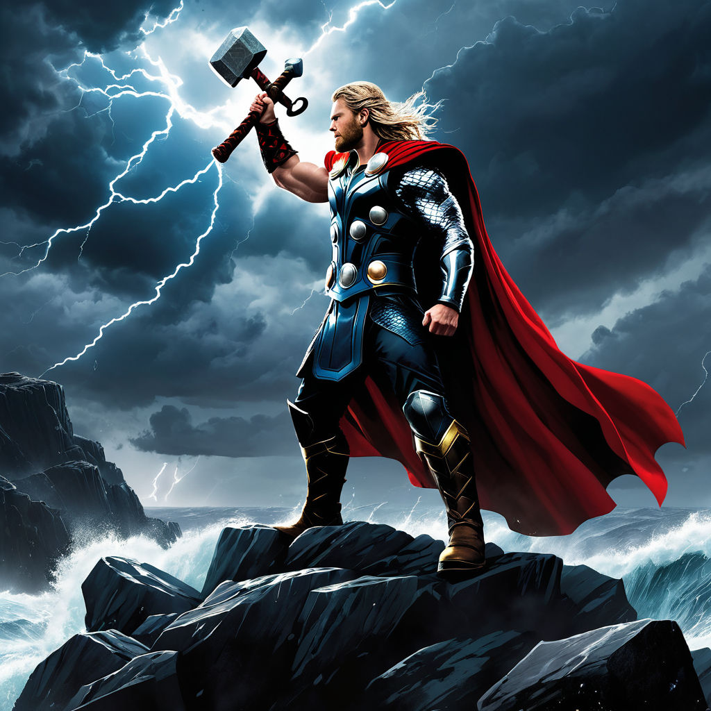 A dramatic digital illustration features thor standing on a ... by Tristan The Boer - Playground