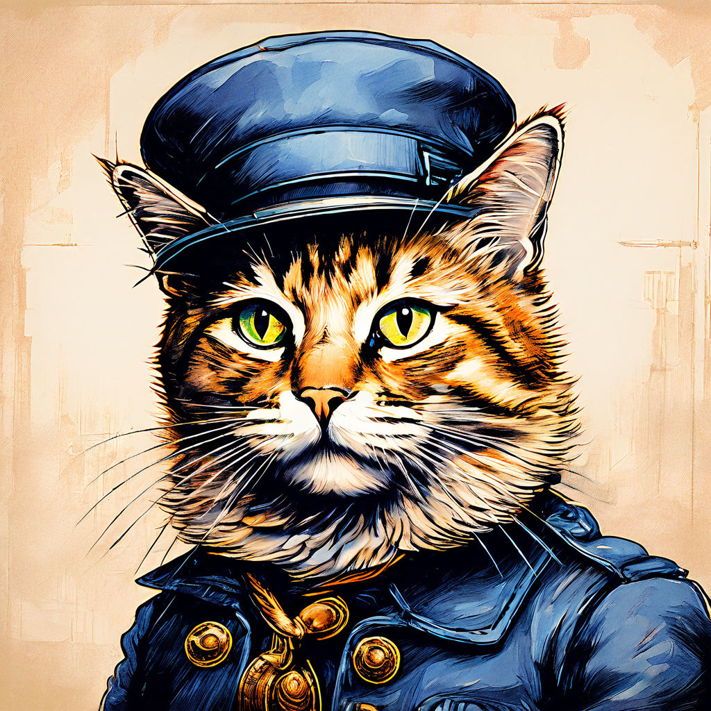 Pen illustration of a cat wearing a train conductor's hat (u... by 陳建宏 ...