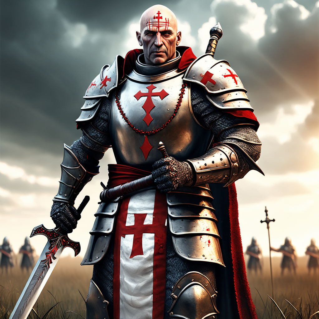 A realistic image of a 50 years old bald Templar Warrior hol... by Luis ...