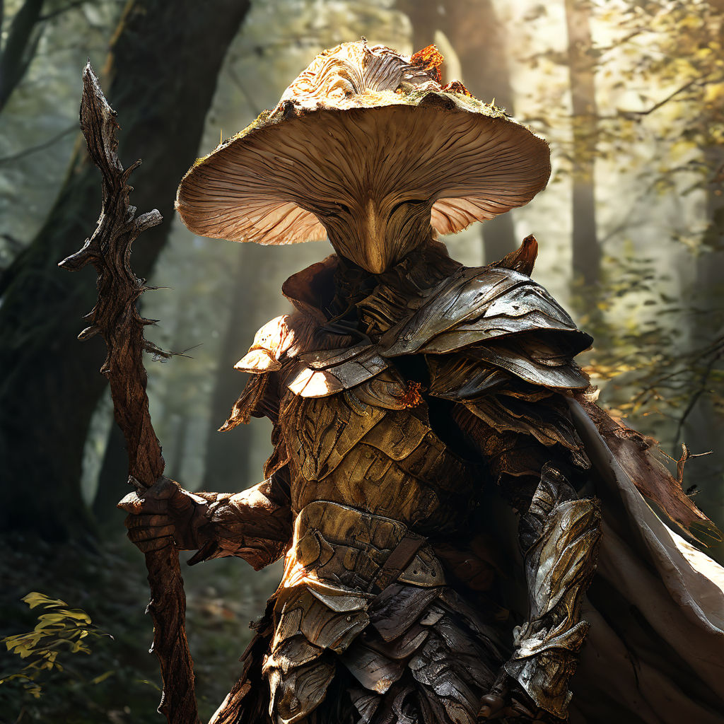 Humanoid mushroom person warrior clad in bark-textured armor by Rainer ...