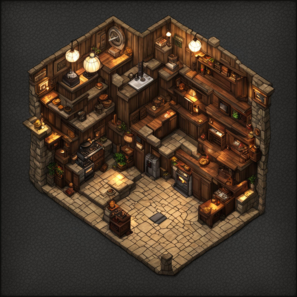 Create a top down rpg map of: Shape: The ground floor is d... by pikis ...